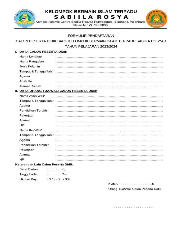 Formulir Pendaftaran 2425 | PDF