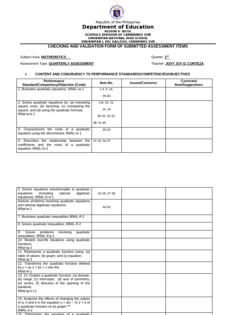 Assessment-Review-Form - 1st Q | PDF | Quadratic Equation | Equations