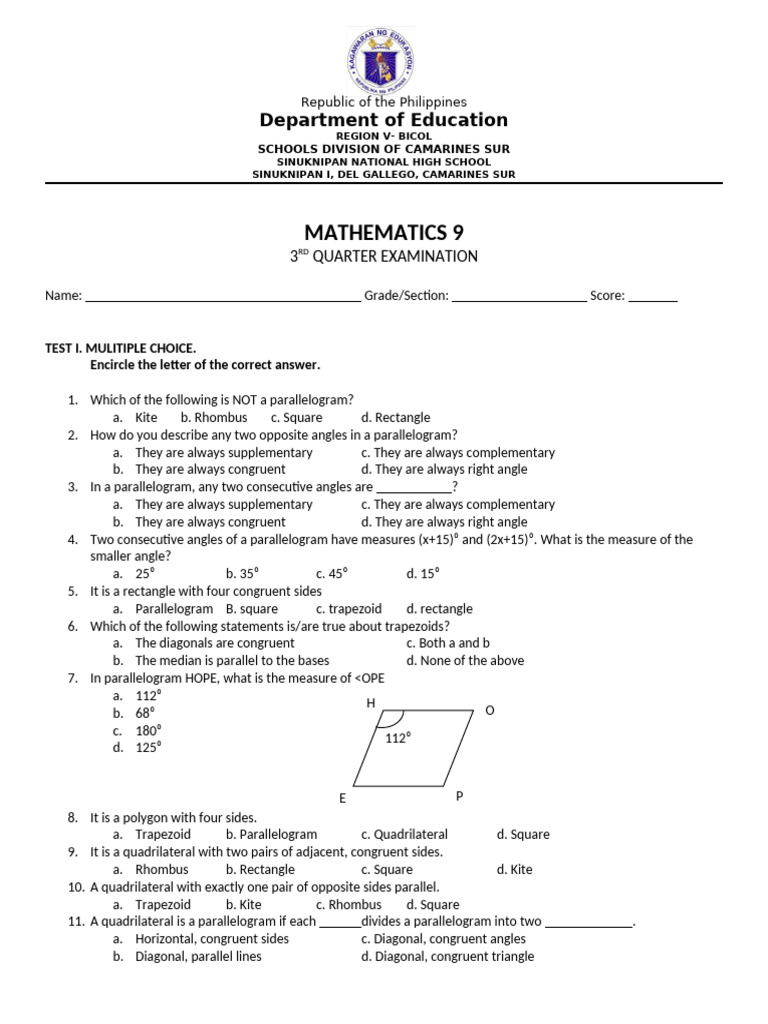 MAPEH 9 Exam 3rd Quarter 2025 | PDF | Rectangle | Classical Geometry