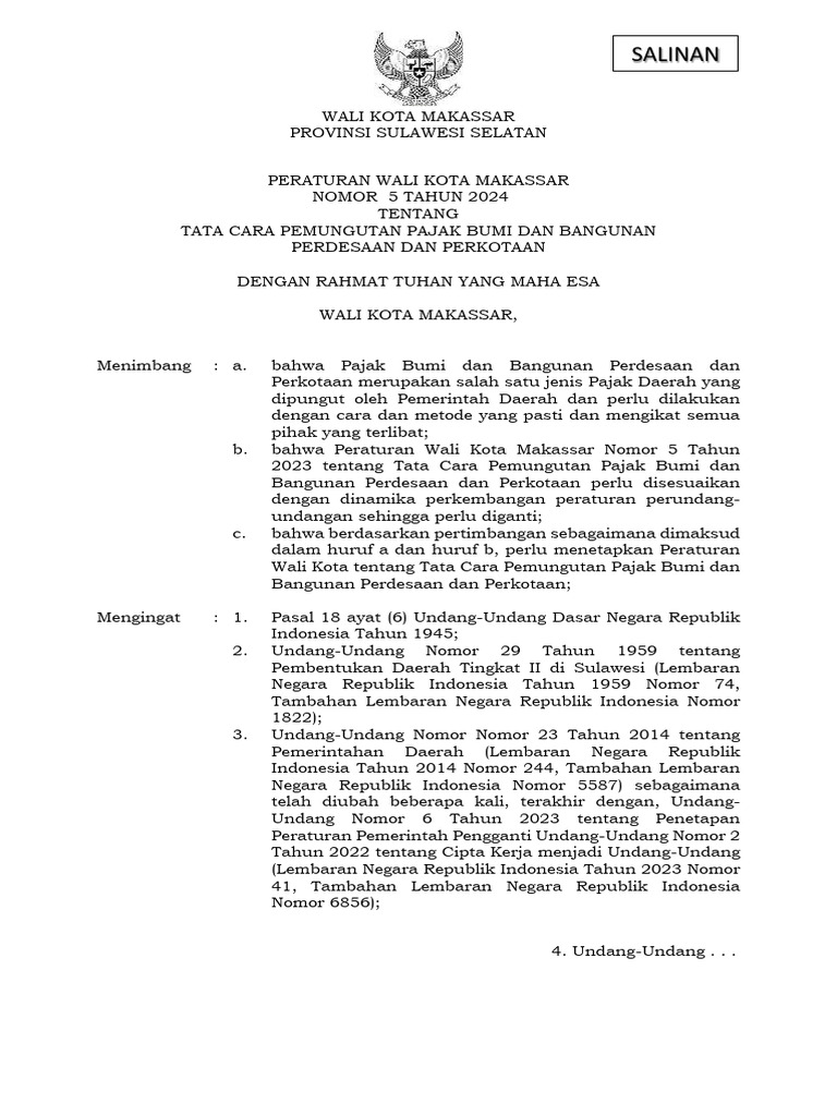 Peraturan Walikota Makassar Nomor 5 Tahun 2024 | PDF