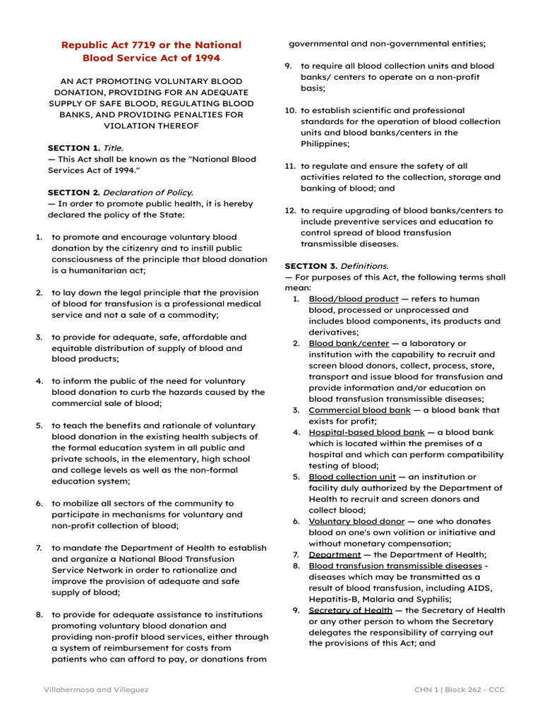 RA 7719 Handout | PDF | Blood Donation | Blood Transfusion