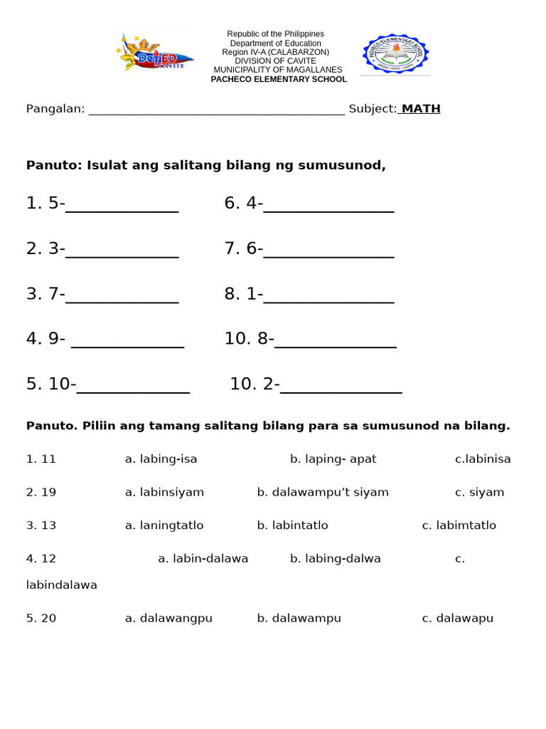 activity sheet MATH salitang bilang | PDF