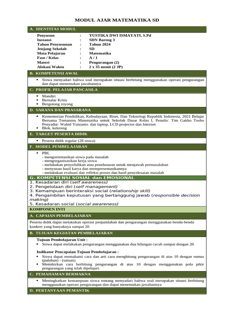 Modul Pengurangan Sem.2 | PDF