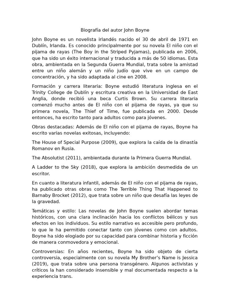 Biografía de John Boyne, autor irlandés | PDF