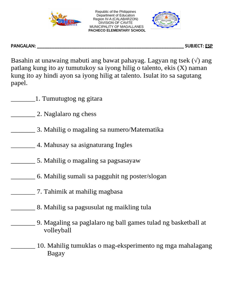 Activity Sheet Paglinang NG Kakayahan Esp | PDF