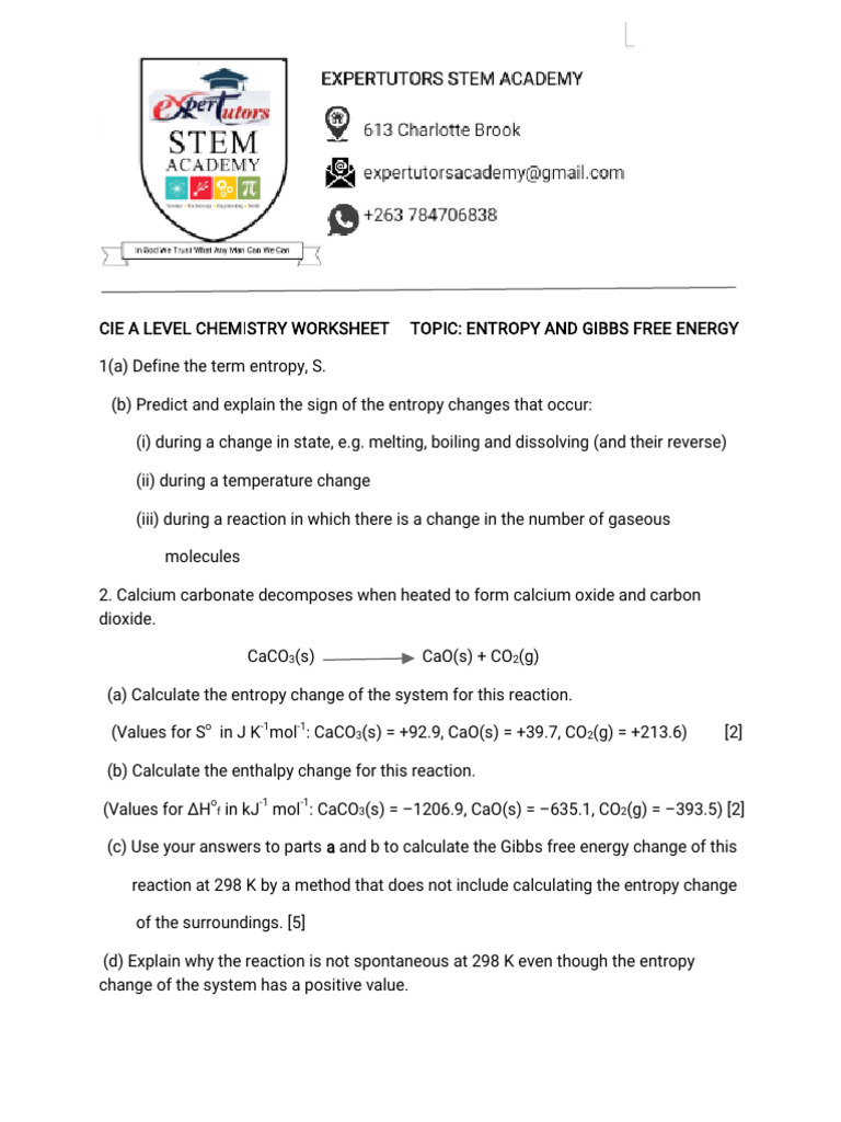 Entropy & Gibbs Free Energy Worksheet | PDF