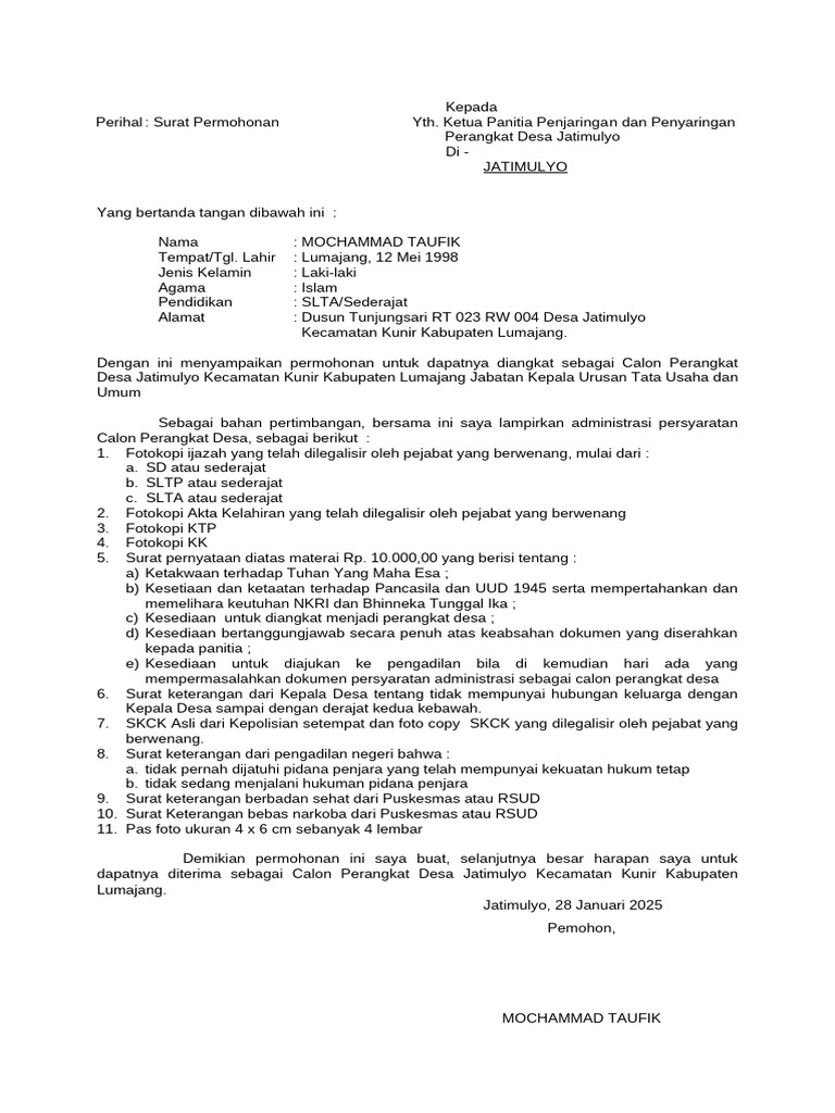 Contoh Surat Permohonan Penjaringan Perangkat Desa | PDF