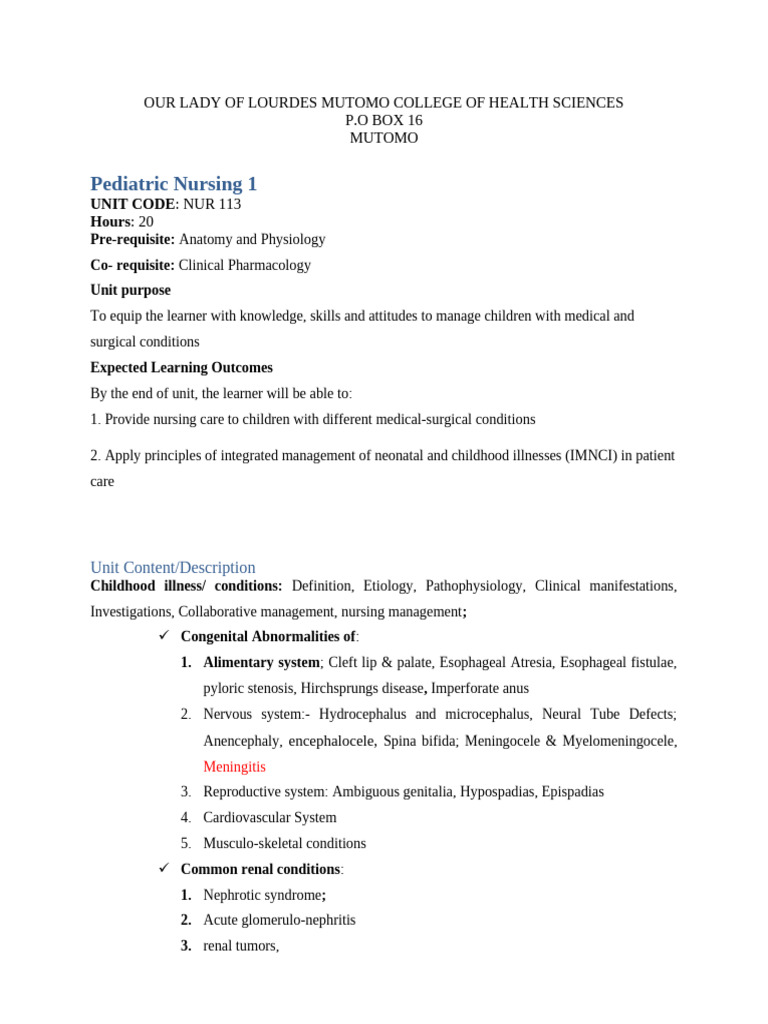 Course Outline Paeds 1-1 | PDF | Diseases And Disorders | Medical Specialties