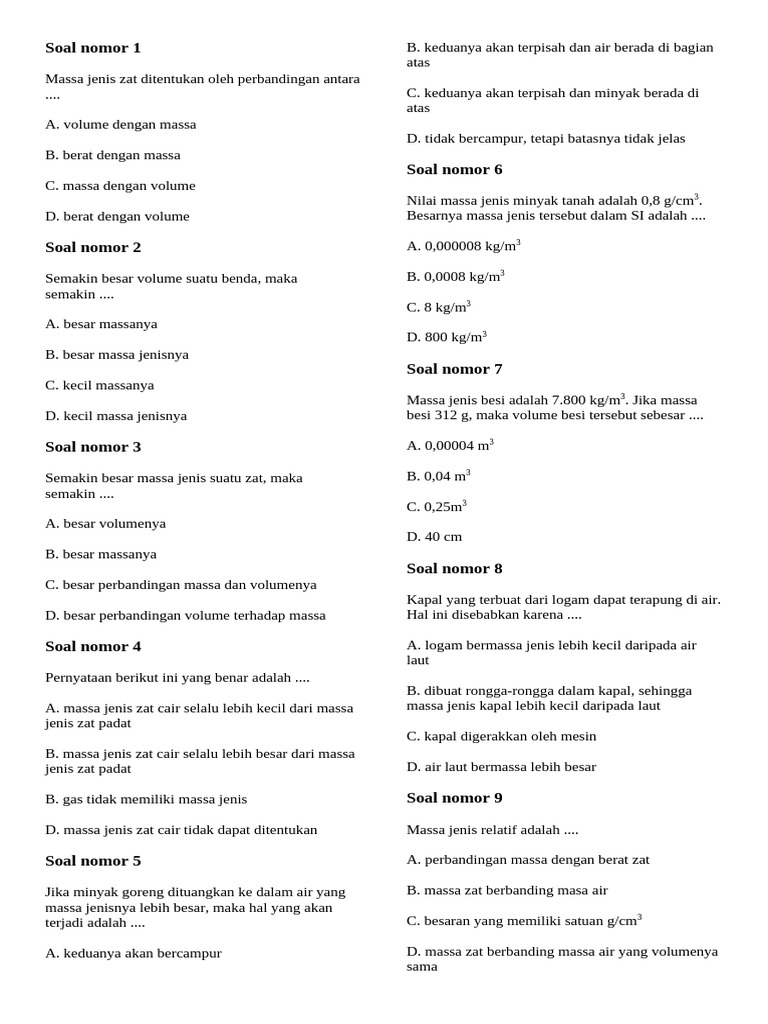 Soal IPA Massa Jenis Kelas 7 SMP | PDF