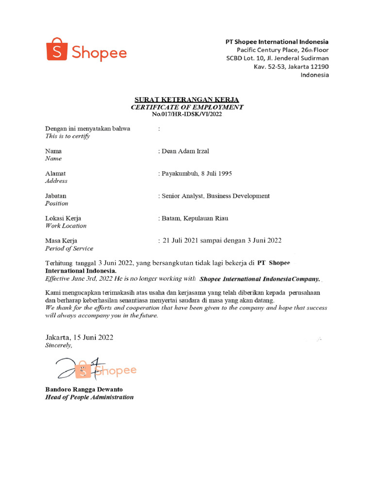 Paklaring Shopee | PDF