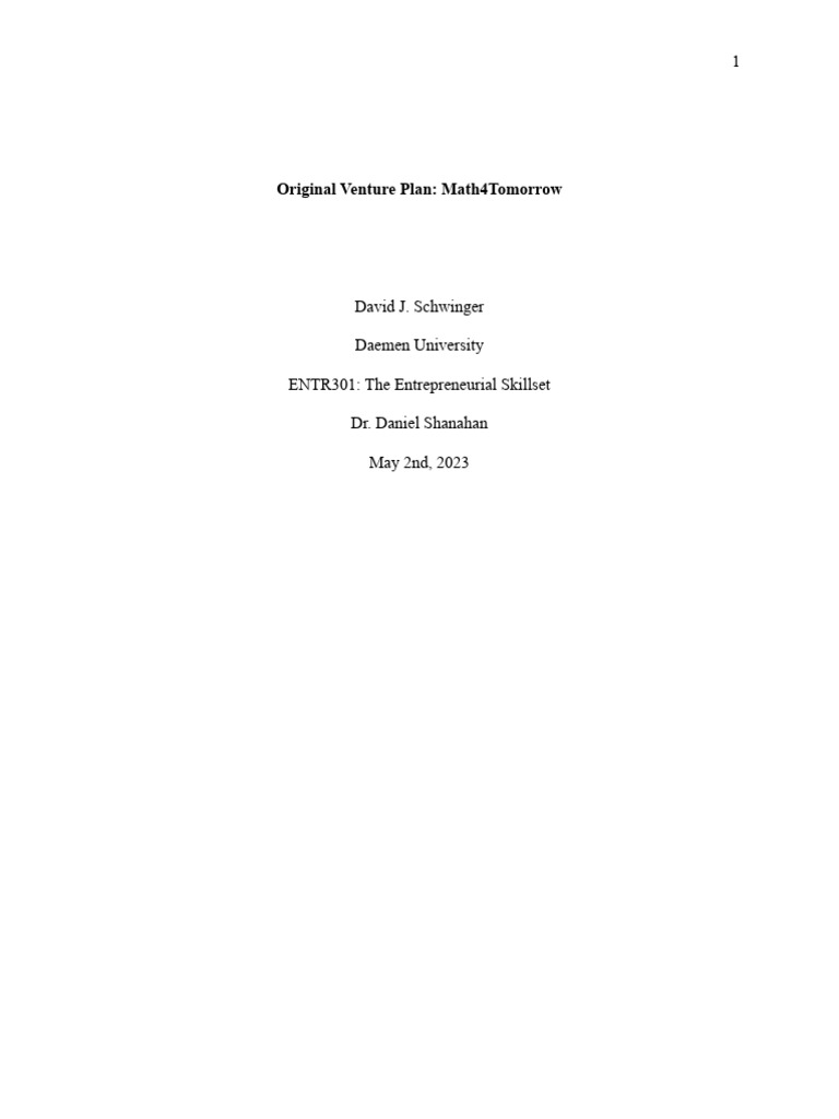 Venture Plan - Paper - Schwinger, David | PDF | Learning