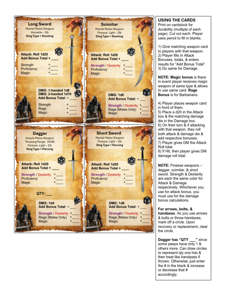 Weapon Cards Revised | PDF | Bow And Arrow | Melee Weapons