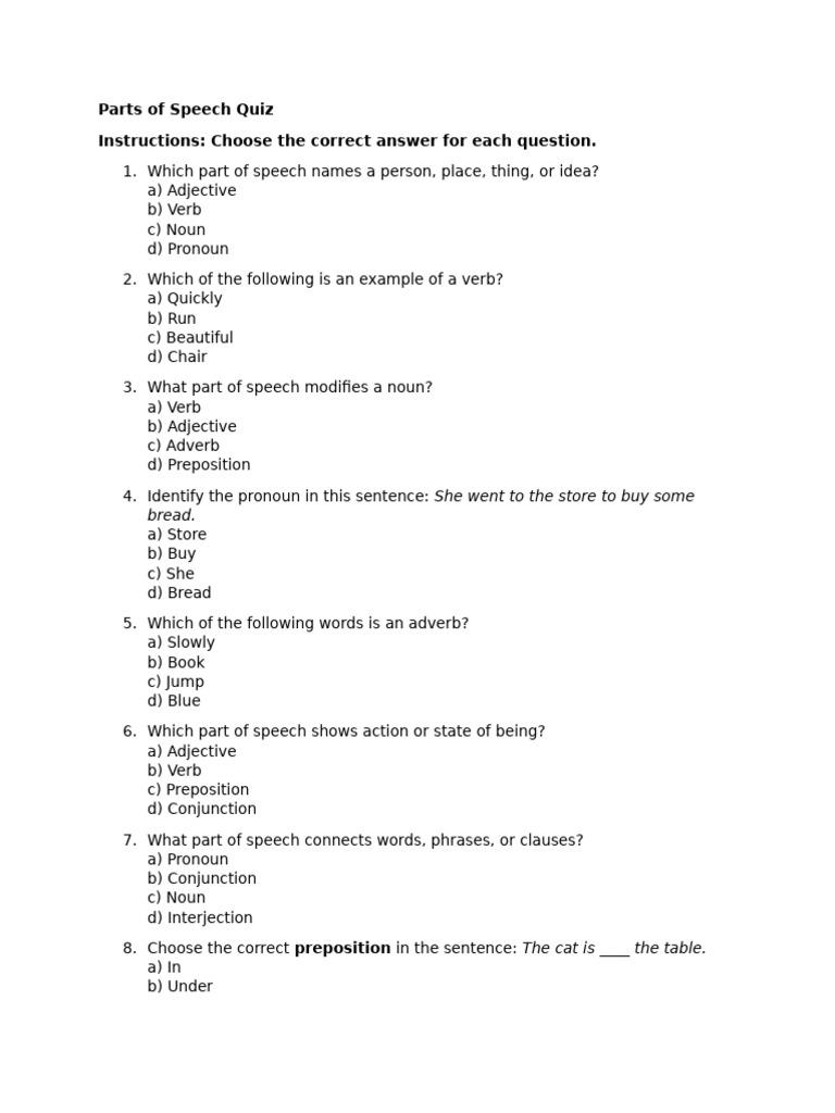Parts of Speech Quiz Instructions: Choose The Correct Answer For Each Question | PDF