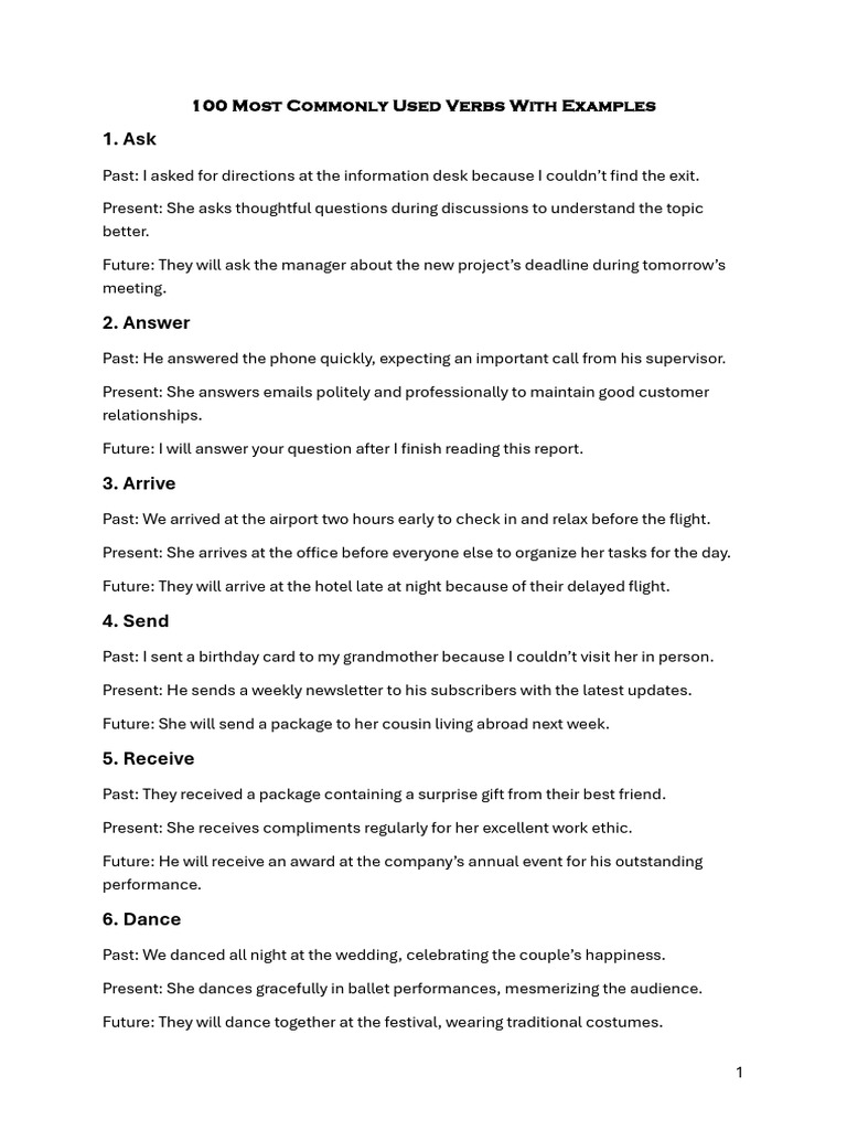 100 Most Commonly Used Verbs With Examples | PDF