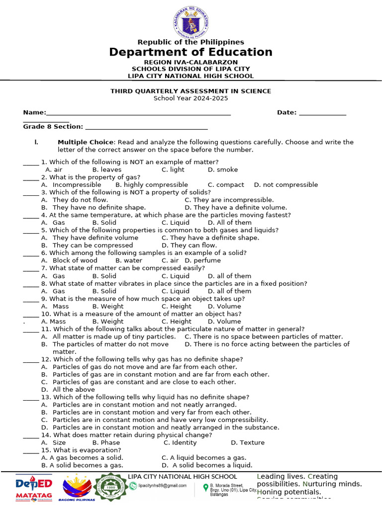 Grade 8 Science Exam Q3 2025 | PDF | Matter | Gases