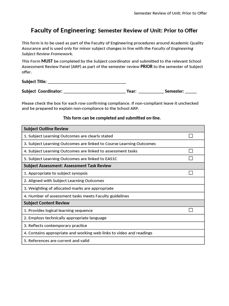 Semester Review of Subject Form - Prior To Offer - Draft 30 April 24 | PDF