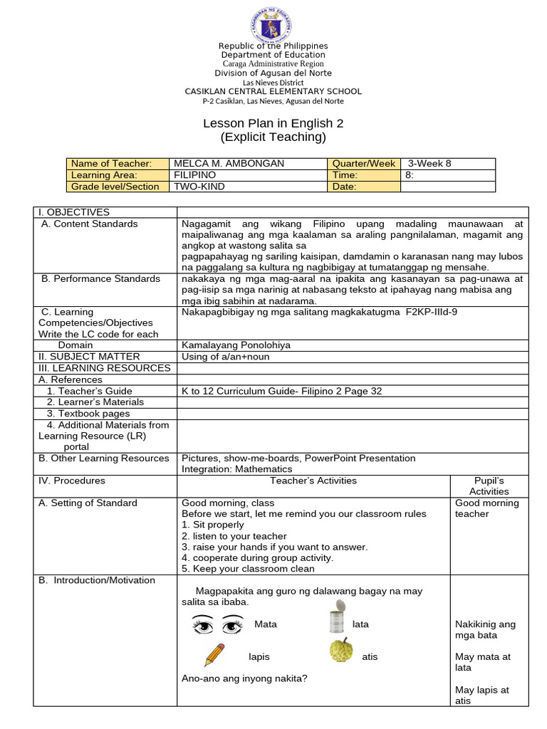 Explicit Lesson Plan for Filipino 2 | PDF | Lesson Plan | Teachers
