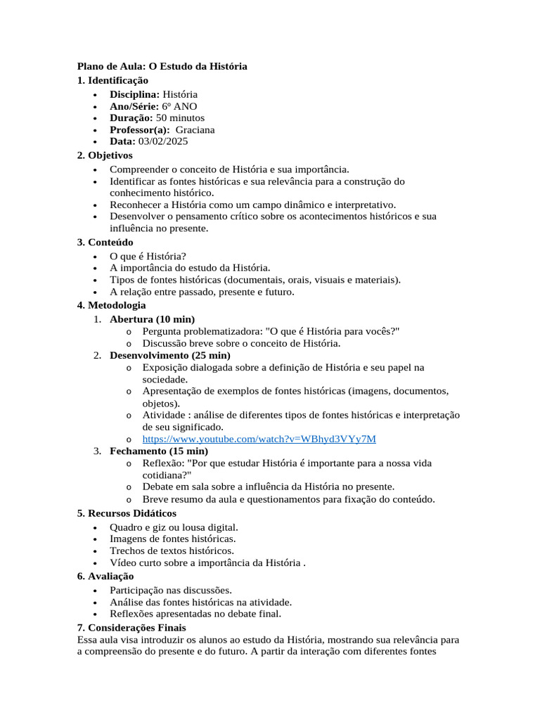 Plano de Aula Historia 6ano - A1 | PDF