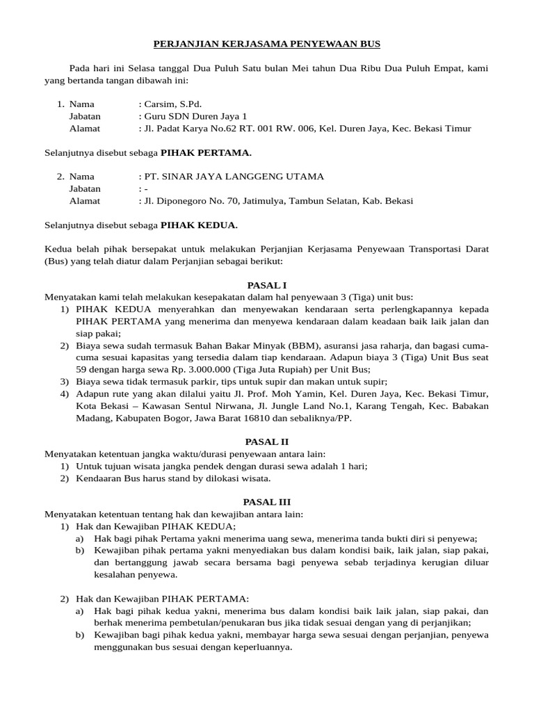 Perjanjian Kerjasama Penyewaan Bus | PDF