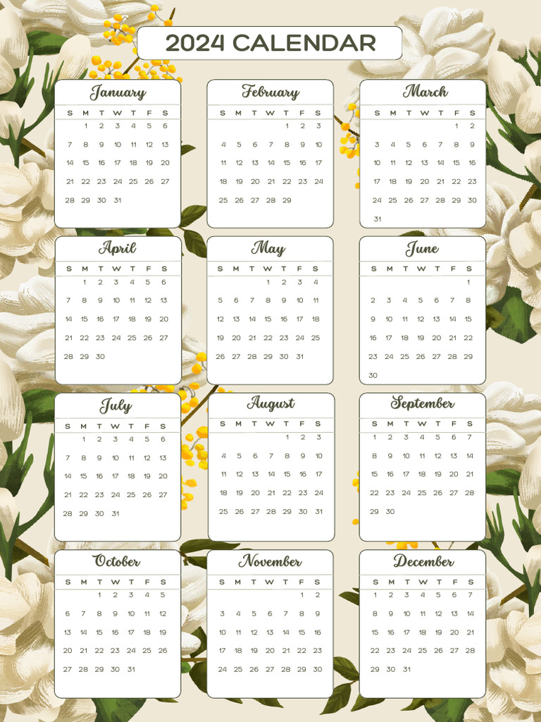 Beige Green Floral 2024 Calendar Document (A4) | PDF
