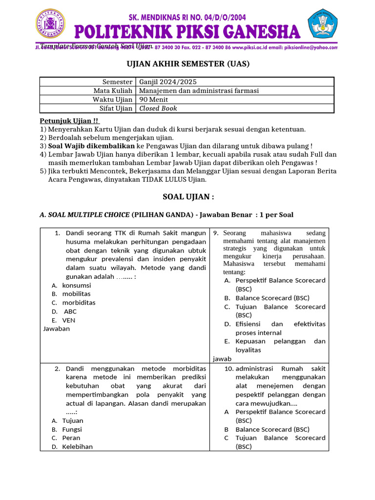 Soal - Uas Dosen - Genap Mata Kuliah Manajemen Dan Administrasi Farmasi Daring Dewi W 2024-2025 ...
