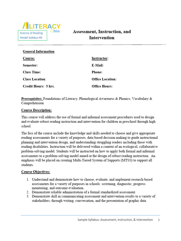 COURSE 4 SAMPLE SYLLABUS Assessment Instruction Intervention | PDF ...