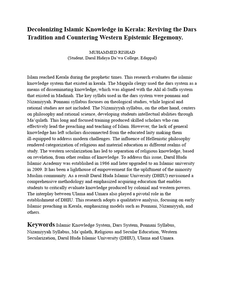 Decolonizing Islamic Knowledge in Kerala - Reviving The Dars Tradition and Countering Western ...