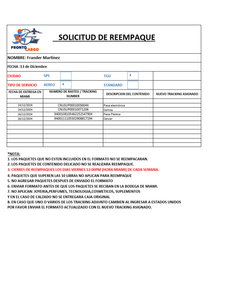 Dic FORMATO DE REEMPAQUE | PDF