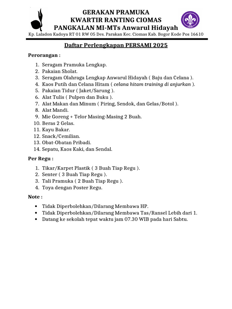 Peralatan PERSAMI 2025 | PDF