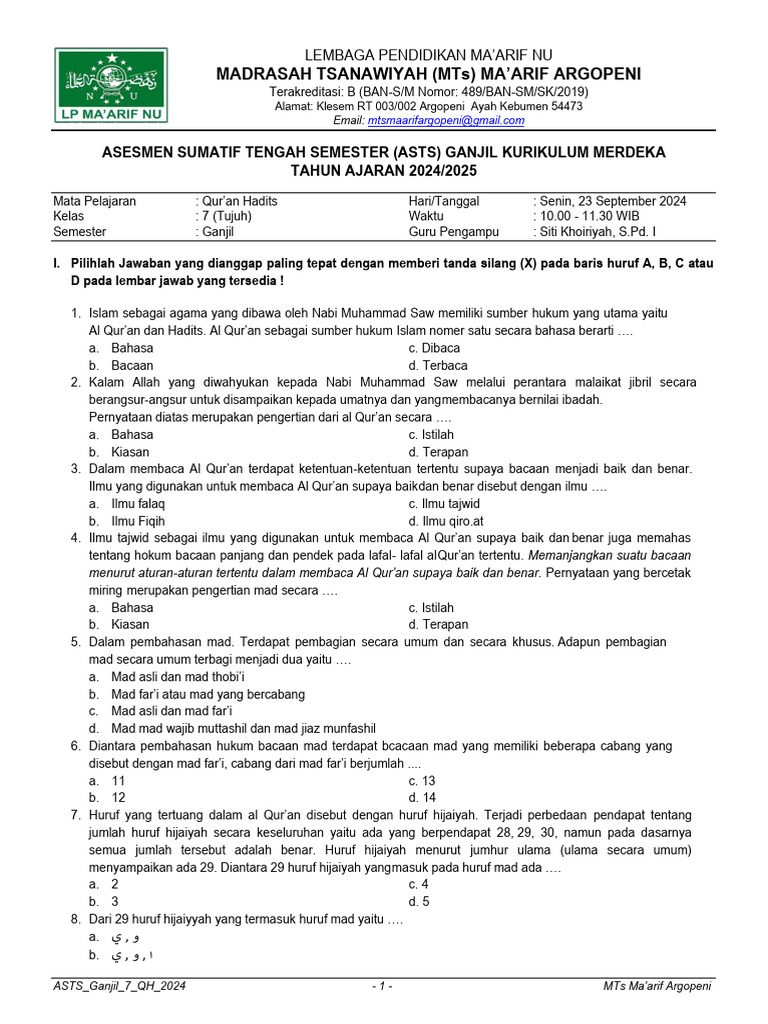 7. Soal QH ASTS Ganjil 2024_2025 | PDF
