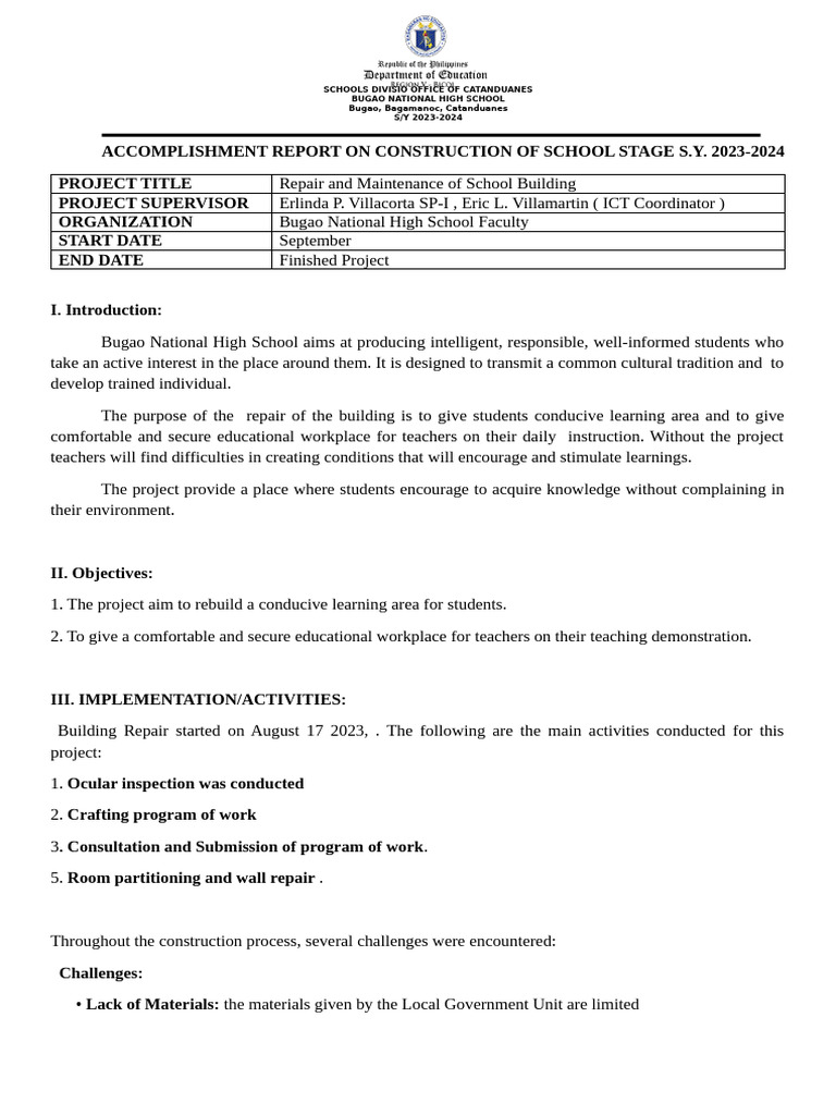 School Stage Construction Accomplishment Report | PDF | Learning