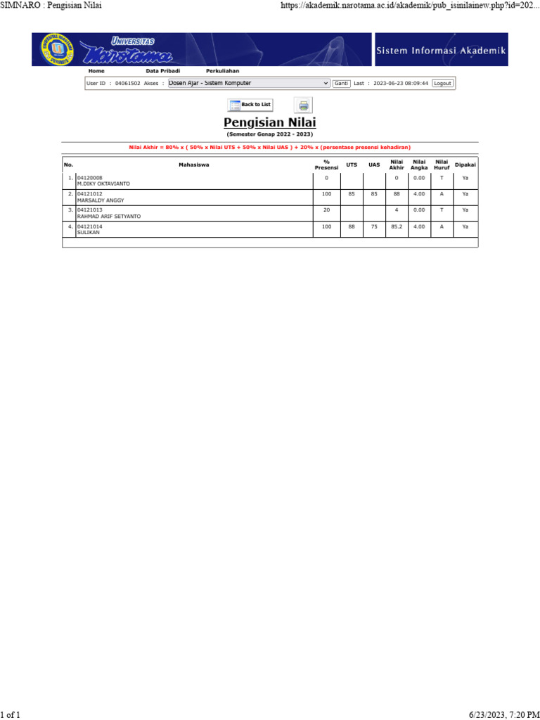 SIMNARO Pengisian Nilai APB Kelas B-Sistem Komputer | PDF