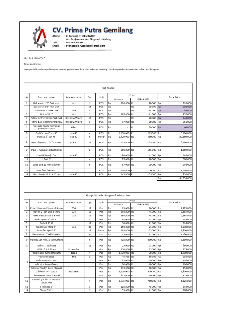 Quotation Pengadaan Barang PT PMP Jember Bobin | PDF | Pipe (Fluid ...