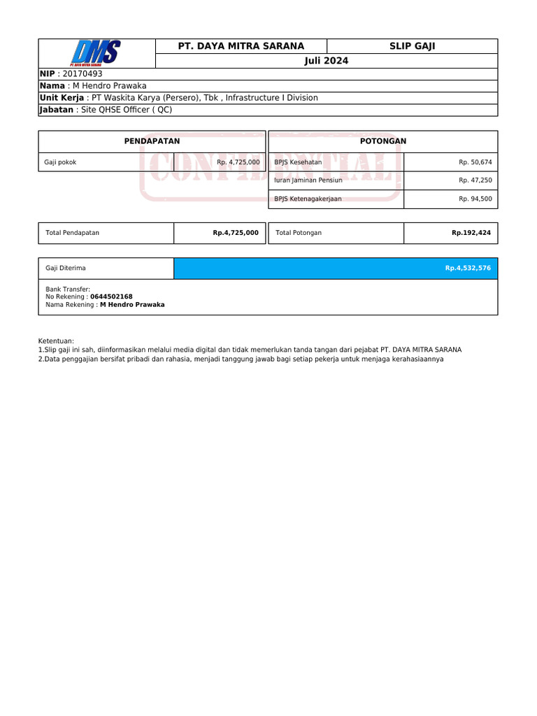 Slip Gaji Juli 2024 M Hendro Prawaka | PDF