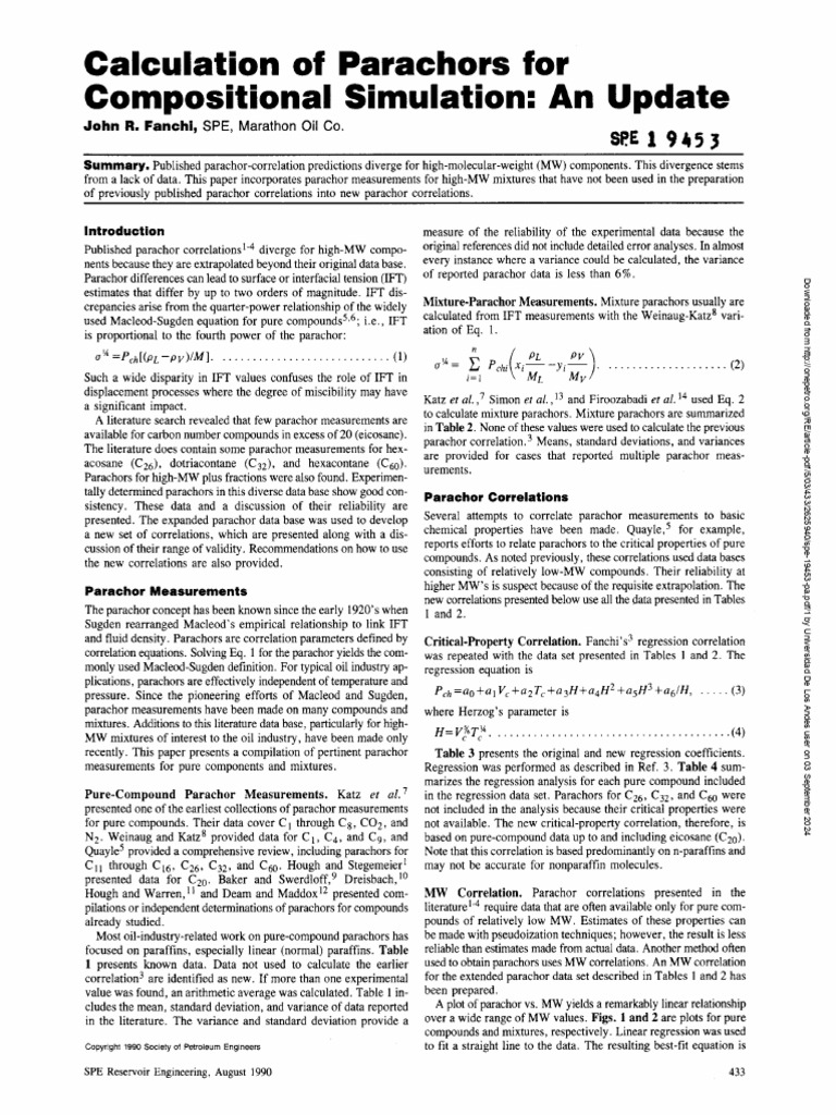 Fanchi (1990) - Calculation of Parachors For Compositional Simulation - An Update. | PDF | Variance