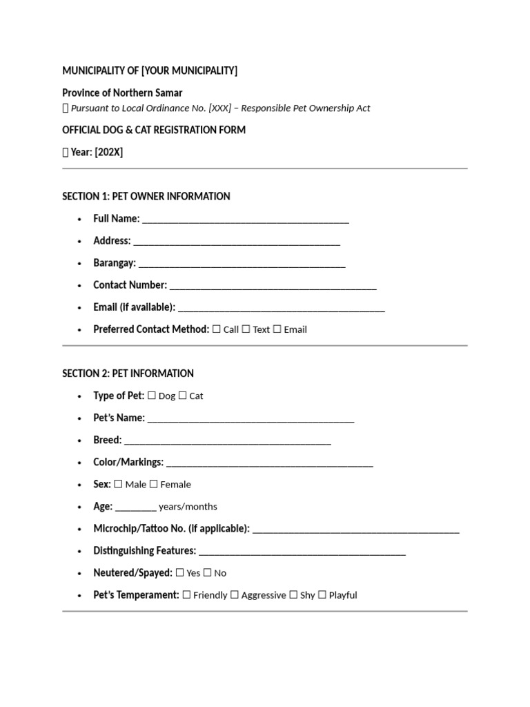 Pet Registration Form for Northern Samar | PDF | Pet | Animals And Humans