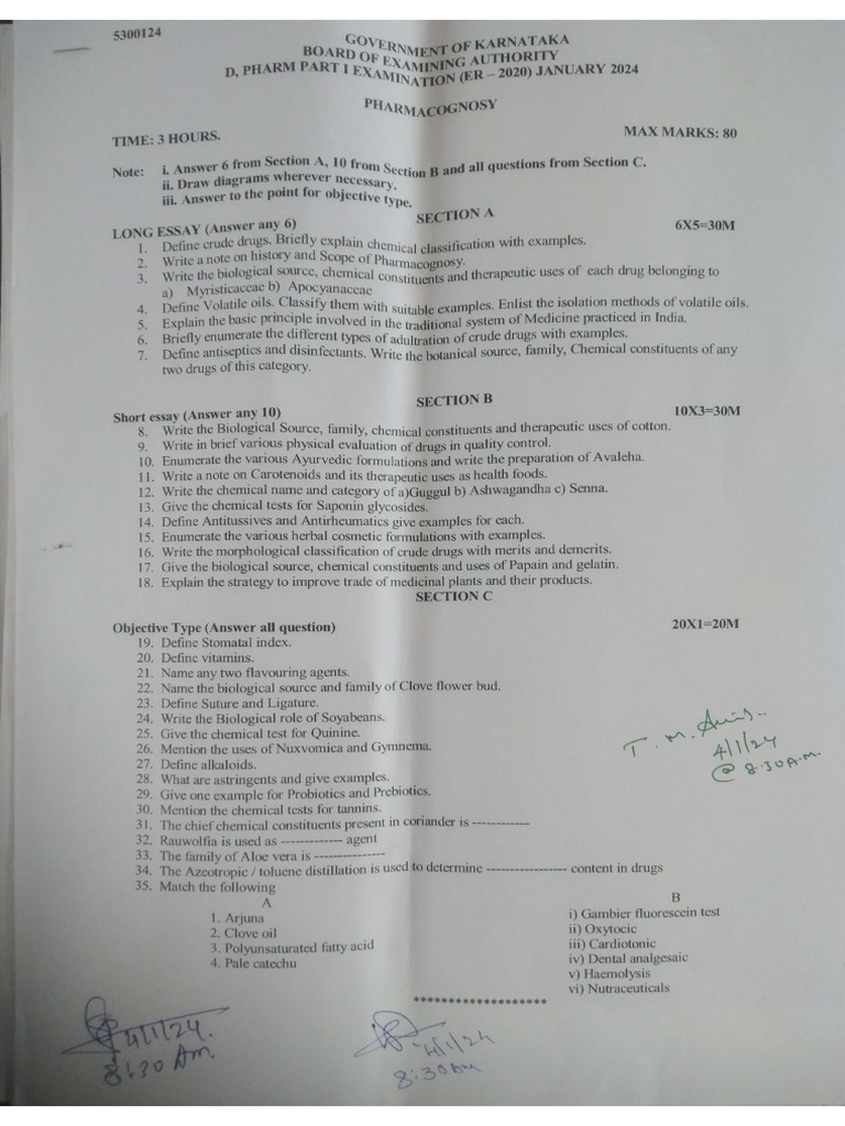 D. Pharm Question Paper All Sub 2024 January | PDF