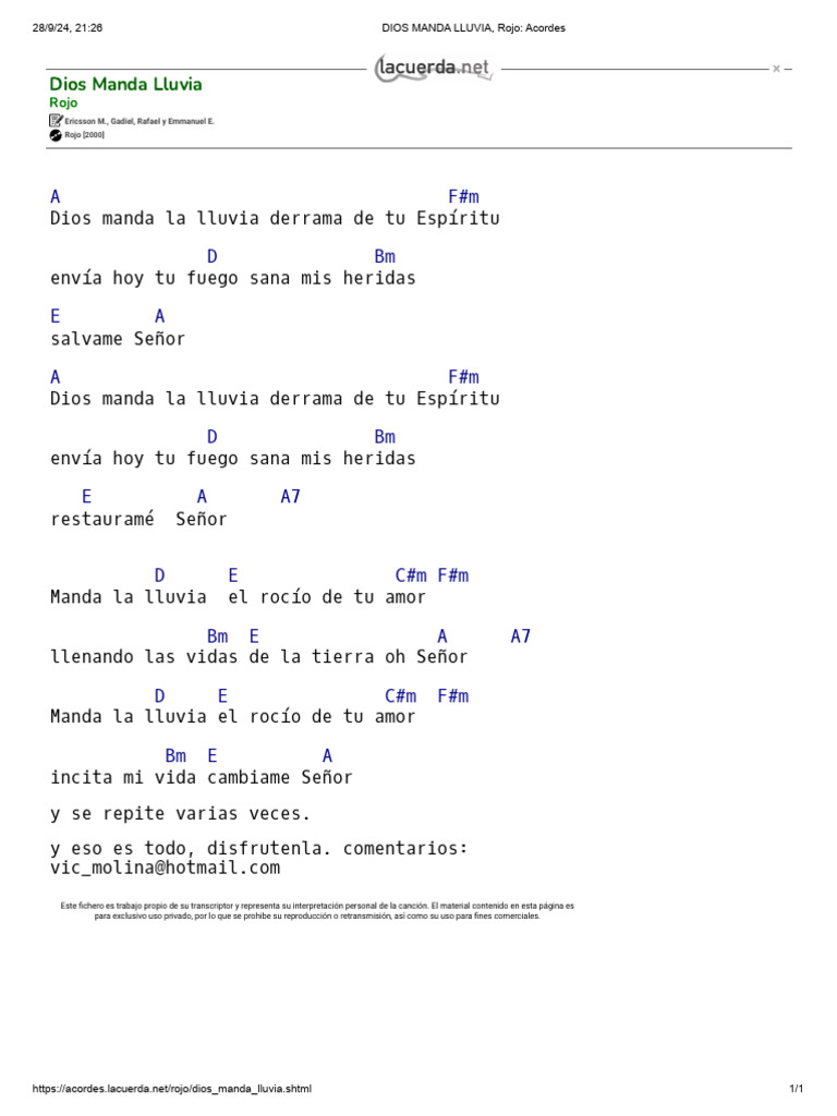 DIOS MANDA LLUVIA, Rojo - Acordes | PDF