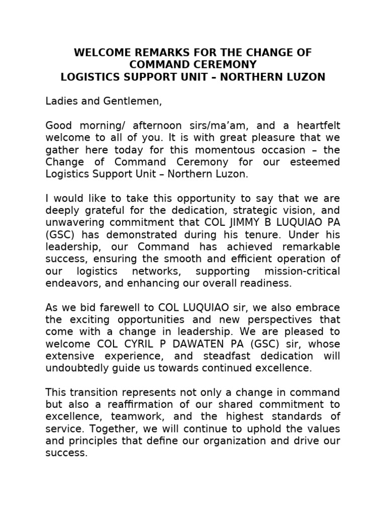 2025 - WELCOME - REMARKS-Change of Command Ceremony | PDF