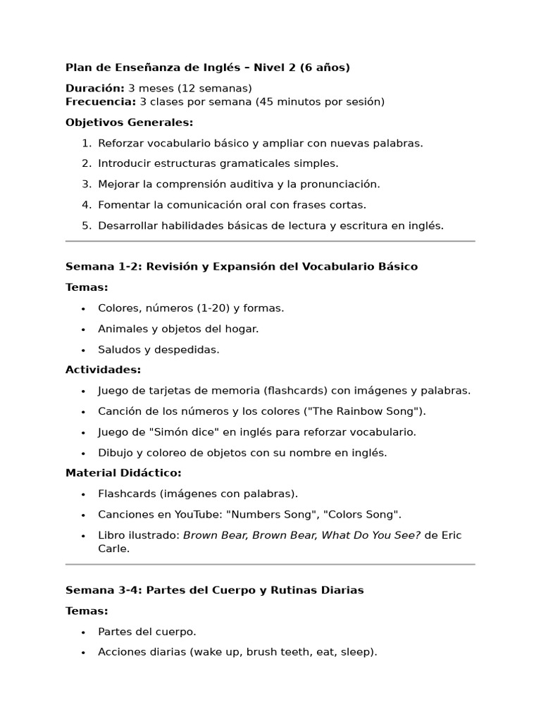 Plan de Inglés Nivel 2 para Niños de 6 Años | PDF | Lingüística