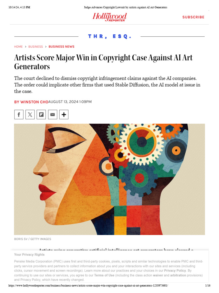 Judge Advances Copyright Lawsuit by Artists Against AI Art Generators | PDF