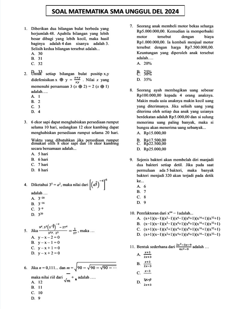 A.A. B.B. C.C. D.D.: Soal Ma Soal Matema Tematika Tika Sma Unggul Del Sma Unggul Del 2024 2024 | PDF