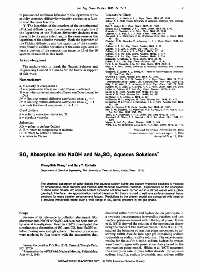 5.SO2 Absorption Into NaOH and Na2so3 Aqueous Solutions 1985 Industrial and Engineering ...