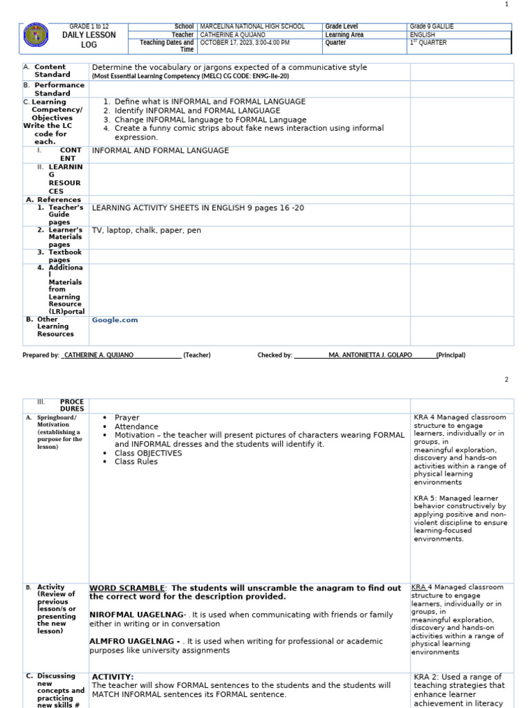 DLL grade 9 1st quarter - Copy | PDF | Learning | Teachers