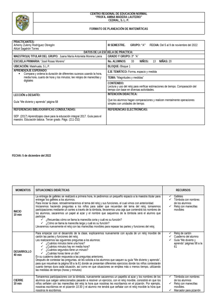 Formato Matematicas III Semestre Borrador Diciembre 2 | PDF | Reloj | Educación primaria