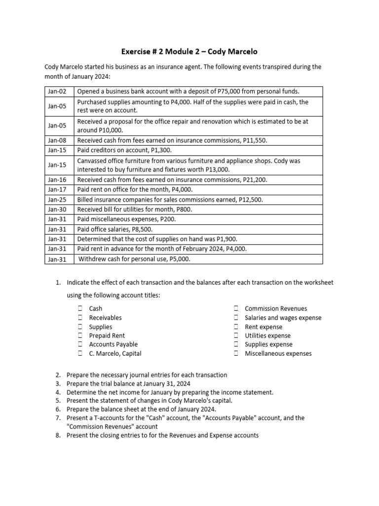 Exercise 2 - Module 2 - Cody Marcelo | PDF | Expense | Revenue