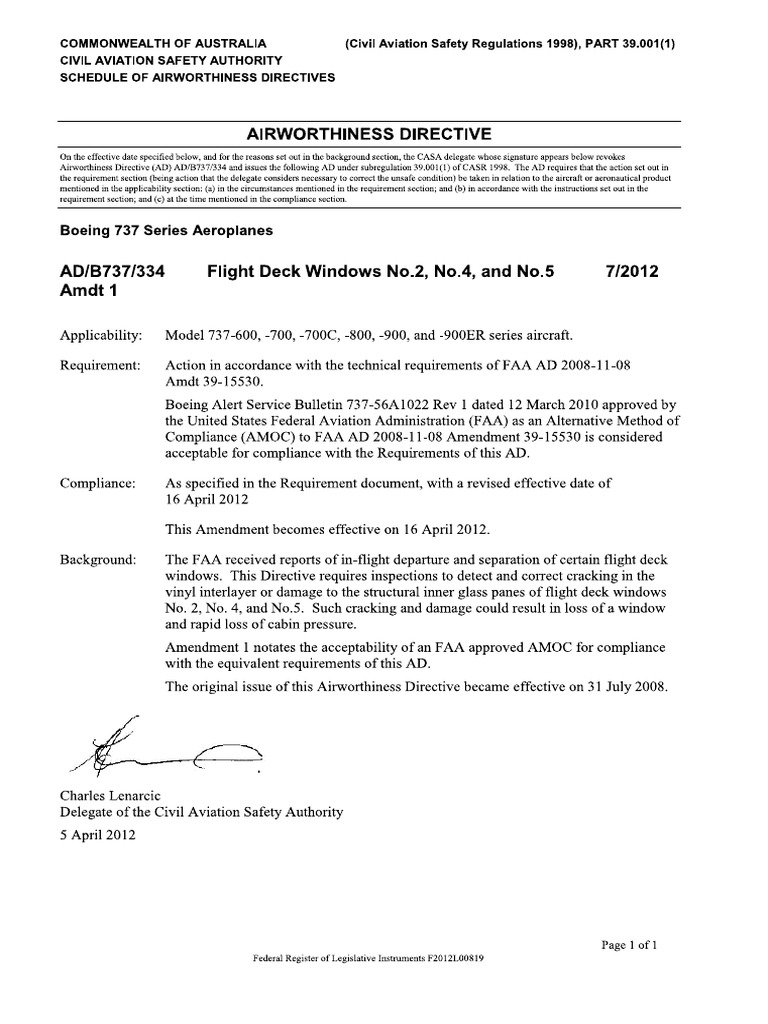 CASA AD-B737-334 Amdt 1 Flight Deck Windows No 2 No 4 and No 5 | PDF