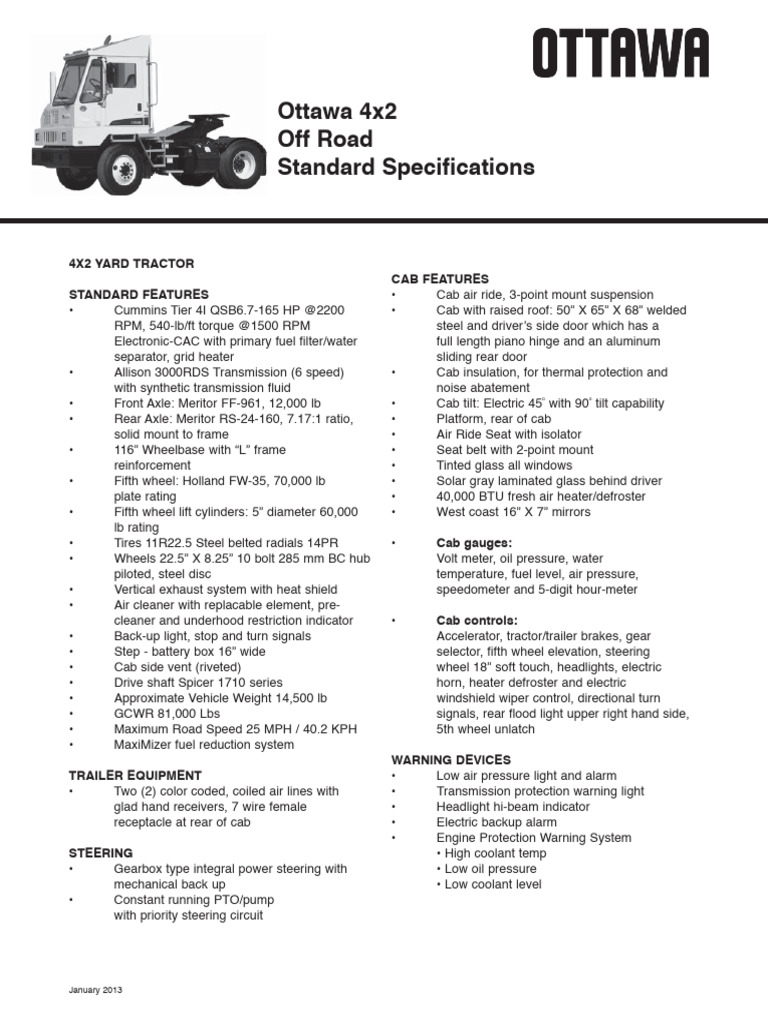 Ottawa 4x2 Yard Tractor Specifications | PDF | Truck | Tractor