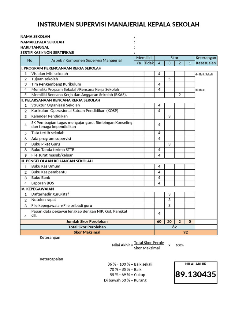 Instrumen Supervisi Manajerial Kepala Sekolah 2025 | PDF