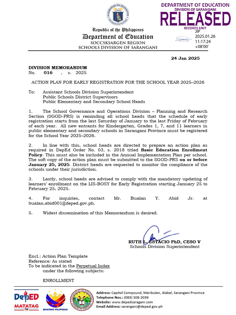 Early Registration Action Plan 2025 | PDF | Government